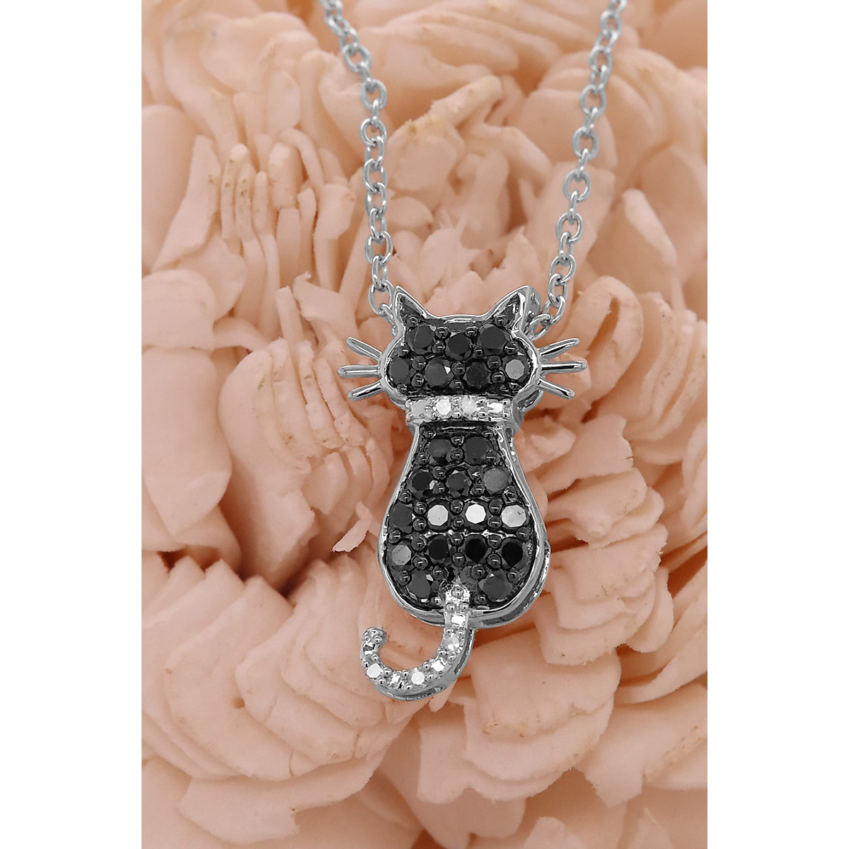 Dazzlingrock Collection 0.40 Carat (ctw) Round Black and White Diamond Kitty Cat Feline Animal Pendant | 10K White Gold