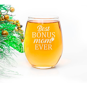 CARVELITA Best Bonus Mom Ever, 15oz Stemless Wine Glass, Mother's Day Gift for Stepmom, From Daughter, Son, Birthday Gift for Bonus Mom