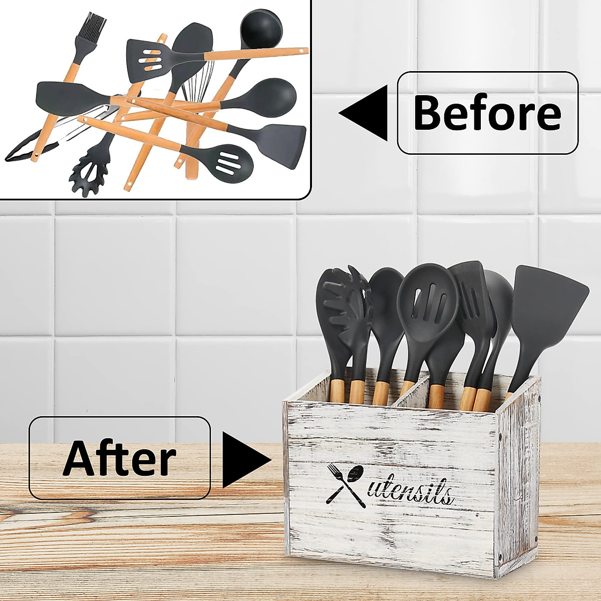 Kitchen Utensil Holder Organizer with 2 Compartments,Wood Flatware Silverware Organizer Rustic Farmhouse Utensil Caddy for Countertop Decor,Wall Mounted Kitchen Organizer and Storage Cutlery Caddy