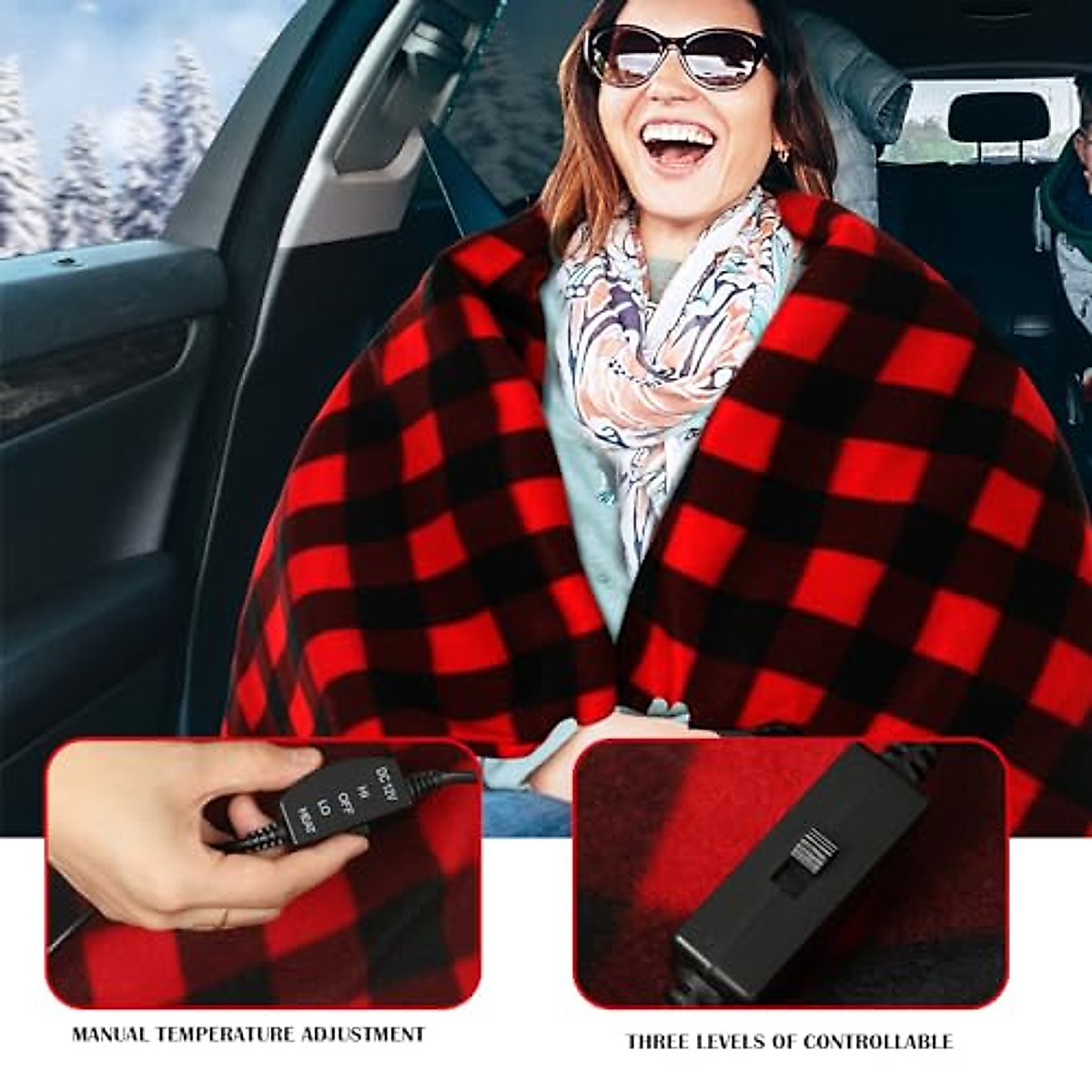 Baquler 2 Pcs Heated Car Blanket 48'' x 35.5'' 12V Portable Electric Blanket with 2 Pcs 12V to USB Adapter Electric Blanket for Car Hi/m/lo Temp for Camping Road Trip Winter Car Truck Accessory