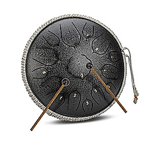 Black 15 Notes 14 Inches Steel Tongue Drum | Wide Range Steel Drum with Carrying Bag & Mallets | Tank Drum for Healing | Random Color | Ideal for Stress Relief and Meditation
