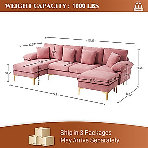 OUYESSIR U-Shaped Sectional Sofa for Living Room, 4 Seat Sofa Set Convertible L-Shaped Couch Set with Chaise Lounge, Ottoman and Pillows,114 inches, Light Pink Chenille