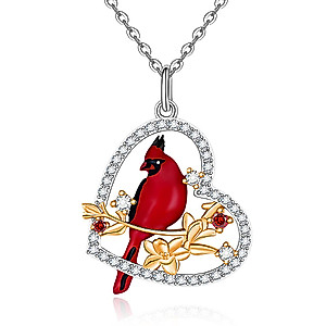 Sterling Silver Heart Red Cardinal Necklace for Women Mom Mother Daughter Friend Crystal Couples Cute Bird Necklaces Dainty Cubic Zirconia Long Chain