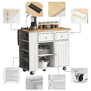 Kitchen Island On Wheel with Power Outlet, Open Storage Kitchen Island with Drop Leaf, Rolling Kitchen Island Cart, Wine Rack, Adjustable Shelves for Home, Kitchen, Dining Room, White