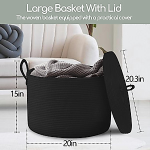 MEGASKET Black Basket with Lid, 20" X 15" Large Wicker Baskets for Organizing, Woven Cotton Rope Baskets for Storage, Kids Room Storage Toy Box Organizer and Storage Basket, Stuffed Animals basket Bin