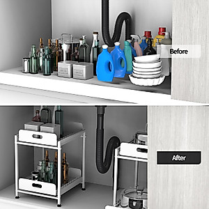 IncepKick Under Sink Organizer and Storage for Kitchen Bathroom 2 Tier Slide Out Under Sink Shelf Cabinet Storage Shelf Under Sink Storage Metal (White)