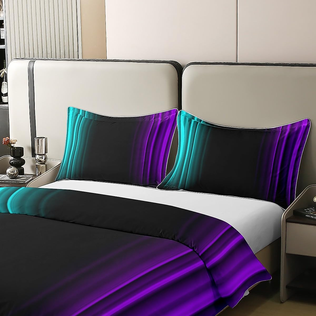 Feelyou Abstract Ombre Bedding 100% Cotton Duvet Cover Set King(No Comforter) Teal and Purple Bedding Set for Kids Boys Girls Decor Stripes Comforter Cover Set Geometric Bedroom Modern Striped Art