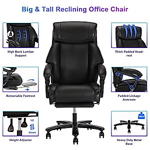 BOSMILLER Big and Tall Office Chair 400lb for Heavy People with Double Padded Memory Foam Seat Cushion Leather Executive Office Chair with Lumbar Support and Adjustable Footrest for Home Work