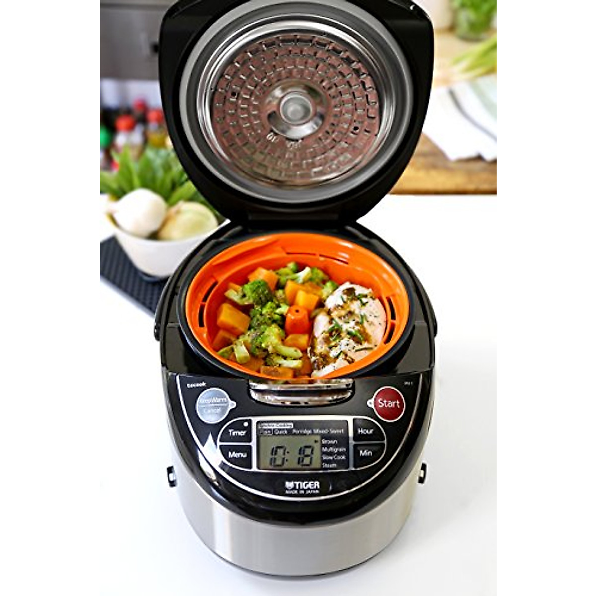Tiger JAX-T18U-K 10-Cup (Uncooked) Micom Rice Cooker with Food Steamer & Slow Cooker, Stainless Steel Black