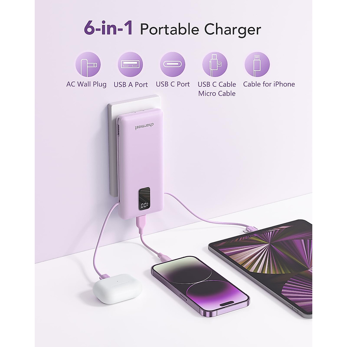 Charmast Portable Charger with Built-in Cables and AC Wall Plug, 10000mAh Ultra Slim Power Bank, External Battery Pack, Travel Accessories Compatible with iPhone 14/13, Samsung Galaxy, etc