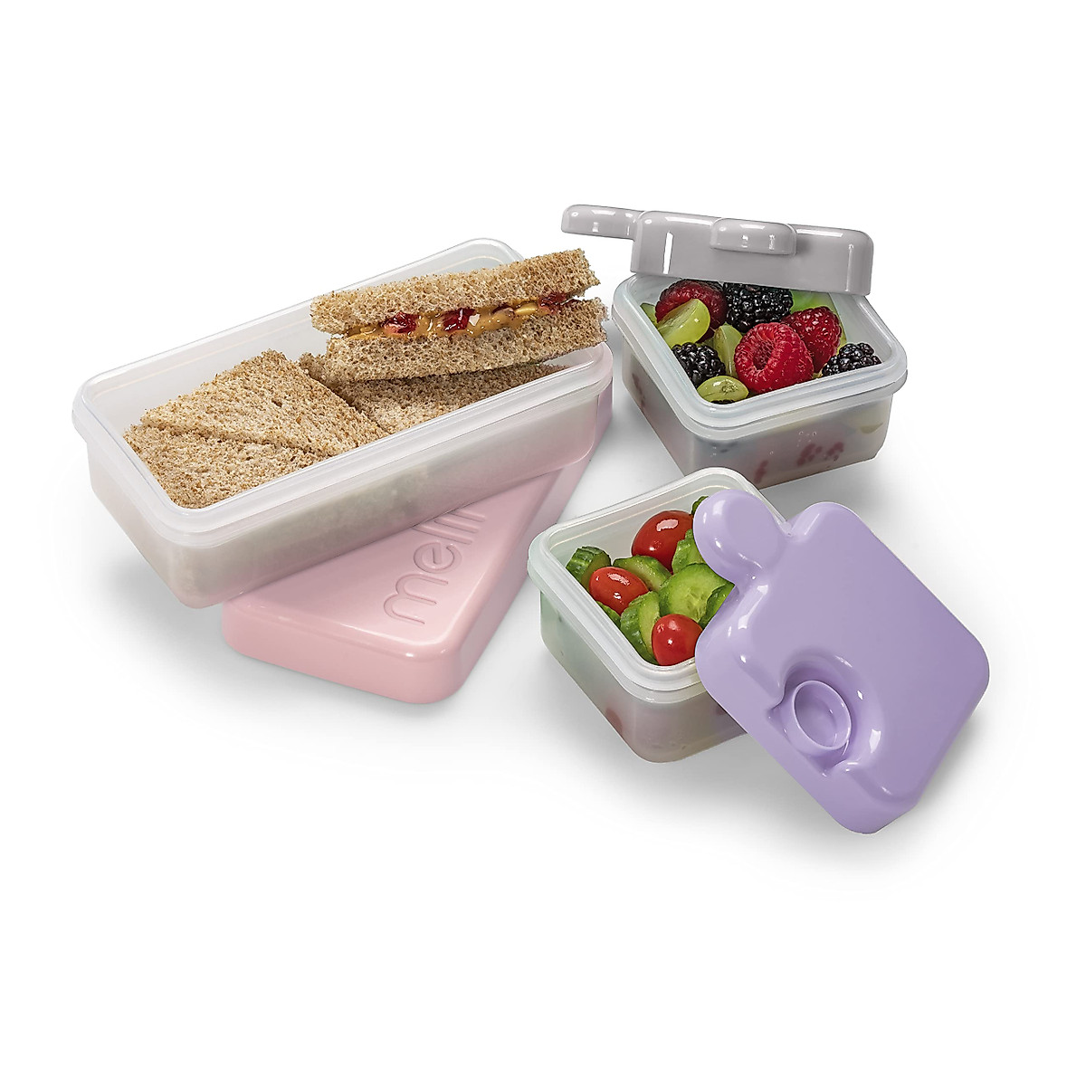 melii Puzzle Bento Box Food Storage Container, 3 Compartments, 28.6 Ounce (Pink, Purple & Grey)