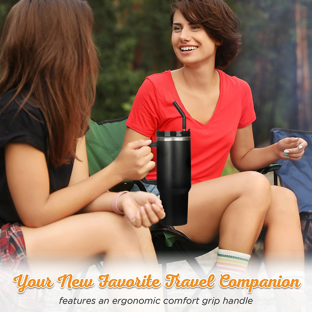 Christian Art Gifts Extra Large Stainless Steel Double Wall Vacuum Insulated Travel Tumbler for Men & Women: Be Strong Scripture, Silver Laser Engraved Lion, Lid, Straw, Wide Handle, Black, 40 oz.