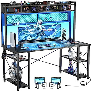armocity 2024 Upgrade Gaming Desk with Hutch, 55.2'' Magic Computer Desk with LED and Outlets, Reversible Workstation Desk with Pegboard, Grey/Black