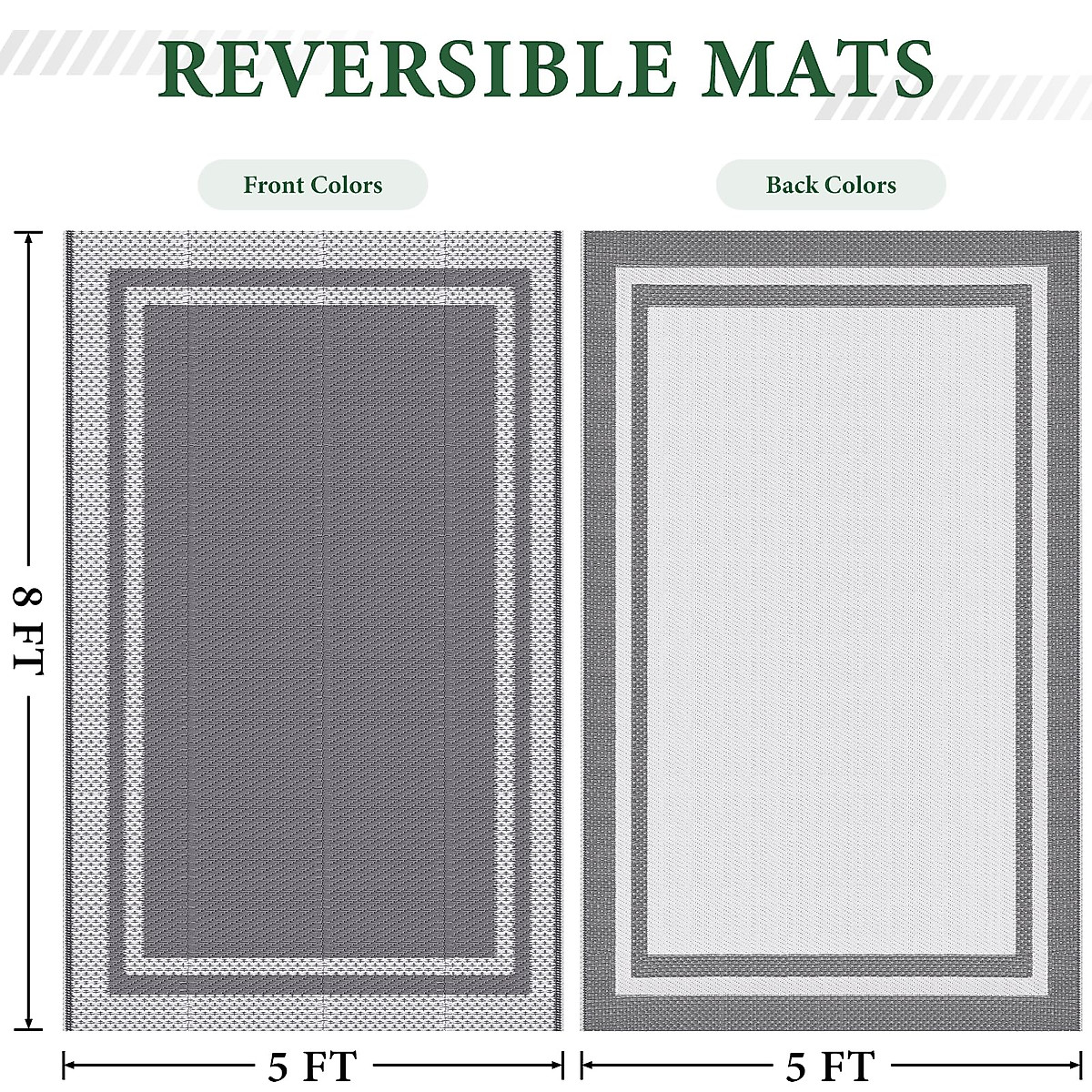 HappyTrends Outdoor Rug Reversible Portable Plastic Straw Camping Rugs for Outside RV,Large Waterproof Outdoor Area Rugs for Patio,Deck,Porch,Balcony(5'x 8',White&Gray)