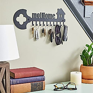 moiHome Key Organizer Wall Mount Rack - Decorative 10 Hook Iron Key Ring Holder for Wall - Ideal for Entryway, Front Door, Kitchen, Hallway - Includes Screws & Anchors – 5 x 14.75 Inches, Black