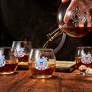 Coastguard Gift Whiskey & Wine Decanter Set & 4 Liquor Glasses - US Coast guard 800 ML Whiskey Decanter & 11 OZ Glass Set with Wood Base - Gifts for Men - Bourbon and Scotch Decanter Military Gifts