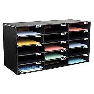 AdirOffice Cardboard Paper Organizer - Classroom Mailbox, Literature Organizers, Office Sorter Mailboxes, Construction papers Storage with Slots, Compartment Shelf Holder (15 Slot, Black)
