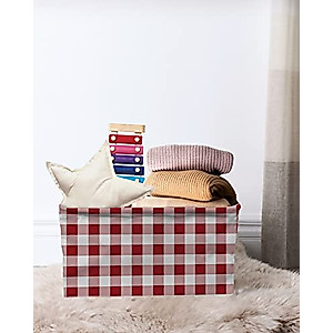 Farmhouse Buffalo Plaid Retro Red Pink White Cube Storage Organizer Bins with Handles, 15x11x9.5 Inch Collapsible Canvas Cloth Fabric Storage Basket, Books Kids' Toys Bin Boxes for Shelves, Closet