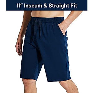 MIER Men's Workout Cotton Shorts 11 Inch Long Lounge Gym SweatShorts Pockets Lightweight Athletic Running Knit Jersey Shorts Drawstring, Navy Blue, M