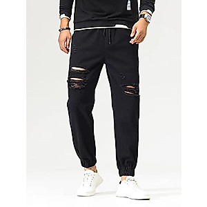 WDIRARA Men's Ripped Frayed Skinny Zipper Fly Jeans Casual Long Denim Pants with Pocket Black Solid S