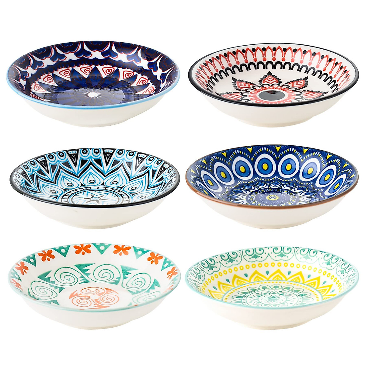 AnBnCn Sauce bowls/plates set of 6, 4" dipping bowls and small appetizer dessert bowls for grill plates, 3 oz. porcelain pinch bowls for kitchen prep (colorful mix)