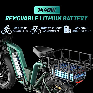 Doulve Electric Bike, 48V 30Ah Dual Battery Electric Bicycle, 60 Miles Long Range E-Bike for Adult with 750W Brushless Motor, 5 Speed Gear Pedal-Assisted Mode, and 20 Inch Cargo Ebike (Green)