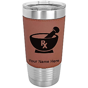 LaserGram 20oz Vacuum Insulated Tumbler Mug, Rx Pharmacy Symbol, Personalized Engraving Included (Faux Leather, Dark Brown)