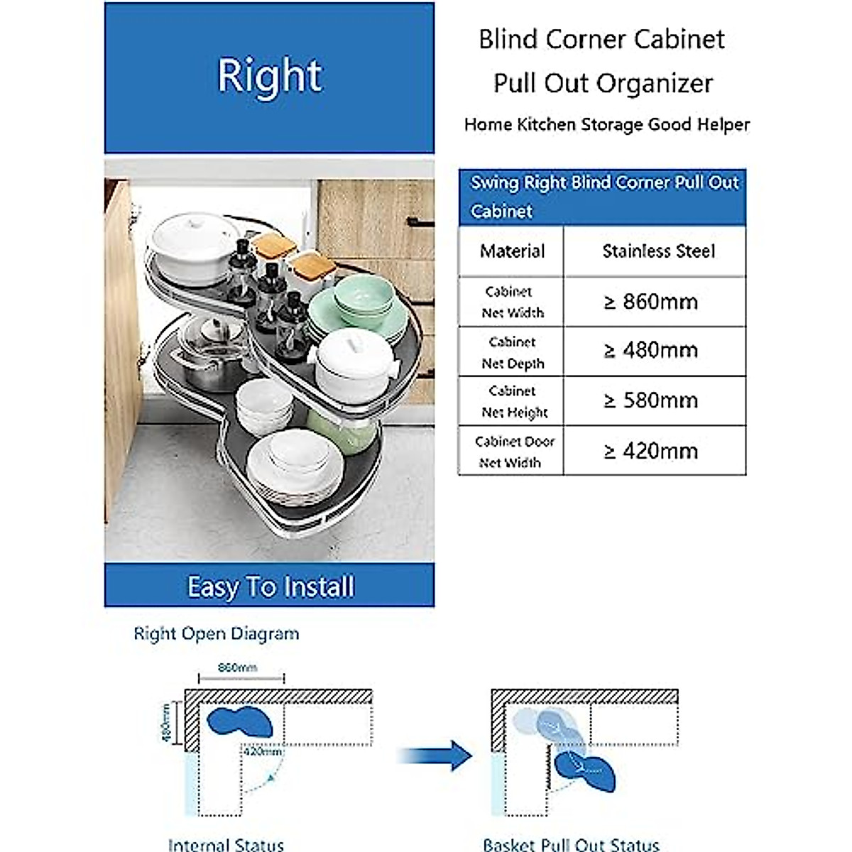 YEKIM Right Turn Blind Corner Pull Out Cabinet, 2 Tier Soft Close Swing Tray, Corner Swivel Cabinet Organizer, for 860Mm Cabinets,Right