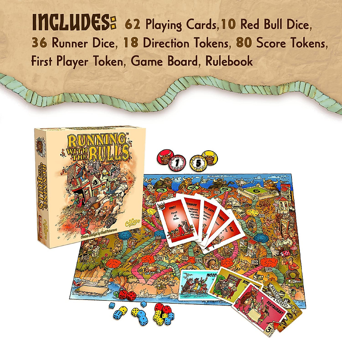 Calliope Games Running with the Bulls - Dice & Board Game - For Game Night - 2-6 Players