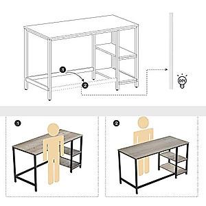 VASAGLE Computer Desk, 55.1-Inch Wide Home Office Desk for Study, Writing Desk with 2 Shelves on Left or Right, Steel Frame, Industrial, Greige and Black ULWD55MB