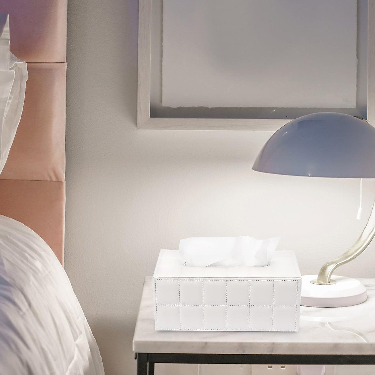 Sumnacon Rectangular Leather Tissue Box Cover - Stylish Tissue Box Holder with Magnetic Bottom, Decorative PU Tissue Box for Vanity Dresser Night Stand Table Countertop Home Office Car,Grid White