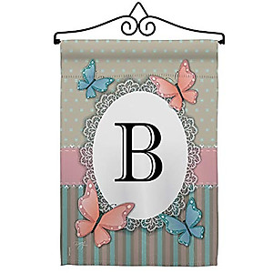 Breeze Decor B Initial Garden Flag Set Wall Hanger Monogram Friends Bugs & Frogs Butterfly Ladybugs Dragonfly Bee Springtime Insect Natural Wildlife House Yard Gift Double-Sided, Made in USA