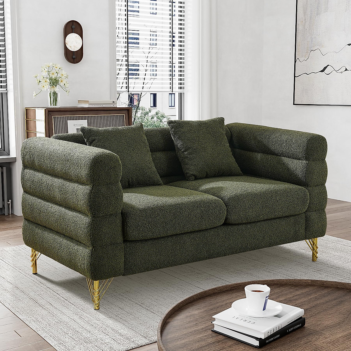 OUYESSIR 60 Inches Teddy Sofa, Mid Century Loveseat Sofa with Metal Legs, 2 Seater Couch with 2 Pillows for Bedroom, Living Room, Lounges, Office, Apartment,Small Space