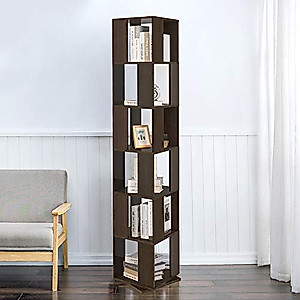 HomeSailing Wooden Rotating Bookcase Shelves Floor Freestanding for Living Room Corner, Slim 6 Tiers Unit Storage Display Rack Tall Bookshelf Kids Bedroom Small Space (Dark Walnut)