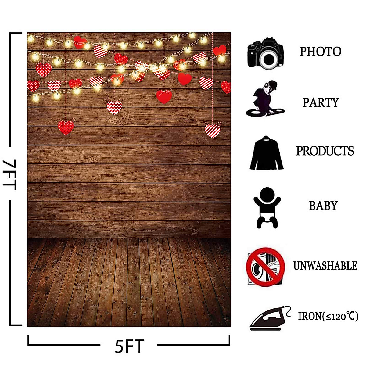 Allenjoy 5x7ft Love Heart with Wood Floor Photography Backdrop Valentines Day Sweet Lover Brown Wooden Background Baby Shower Birthday Party Supplies Decorations Mothers Day Photo Booth Studio Props