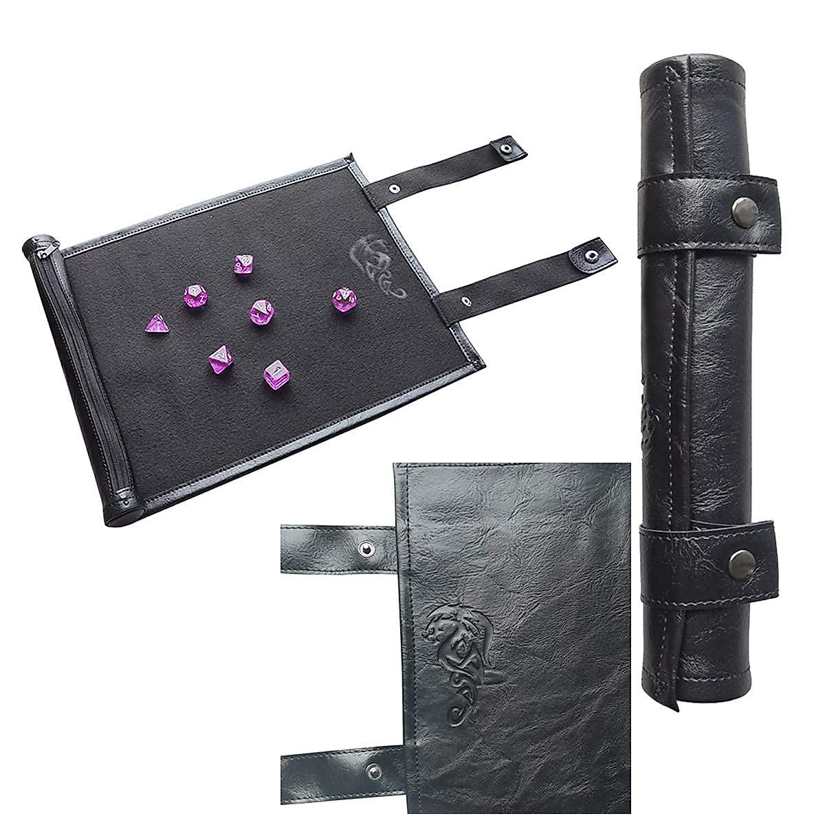 Scroll Dice Tray DIce mat Holder Storage Pouch Rolling Mat DND D and D Dungeons & Dragons Game Dice with Zippered Holds up to 14 Metal Plastic Polyhedral Dice Accessories (Black)