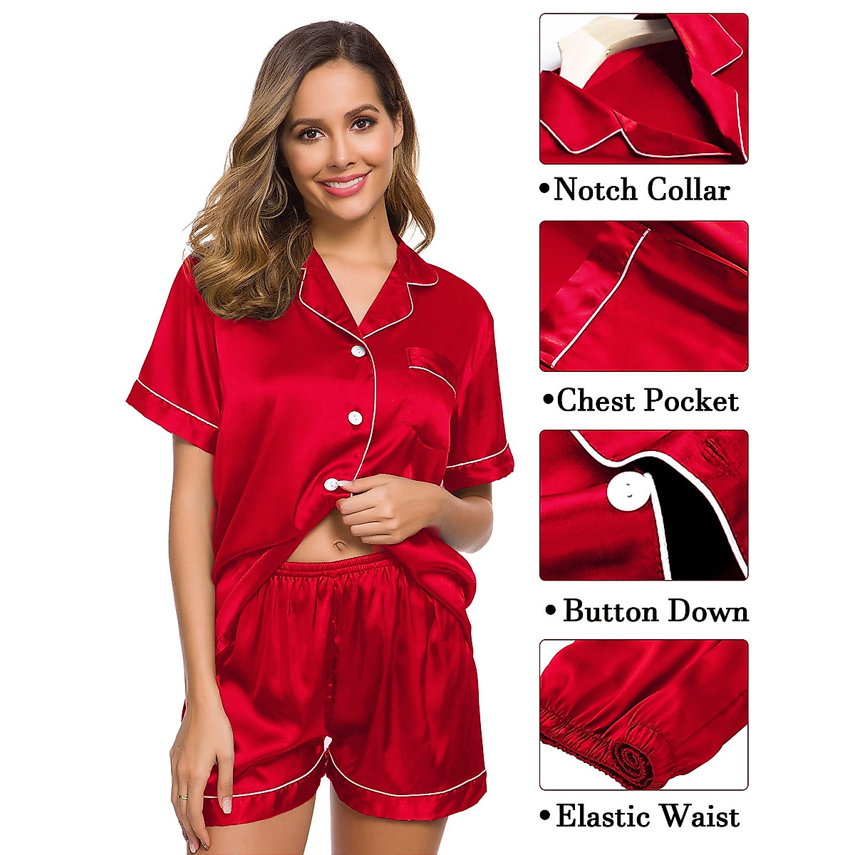 SWOMOG Womens 3pcs Pajamas Set Silk Satin Short Sleeve Sleepwear Button Down Loungewear Pjs Nightwear Red Medium
