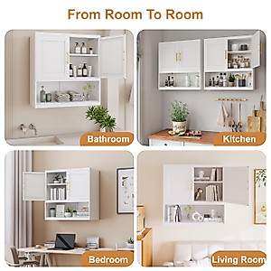 pozdeg Bathroom Cabinet Wall Mounted, 29.5" H Metal Hanging Cabinet with 2 Doors and 1 Adjustable Shelves, Space Saver Storage Cabinets for Bathroom Kitchen (White)