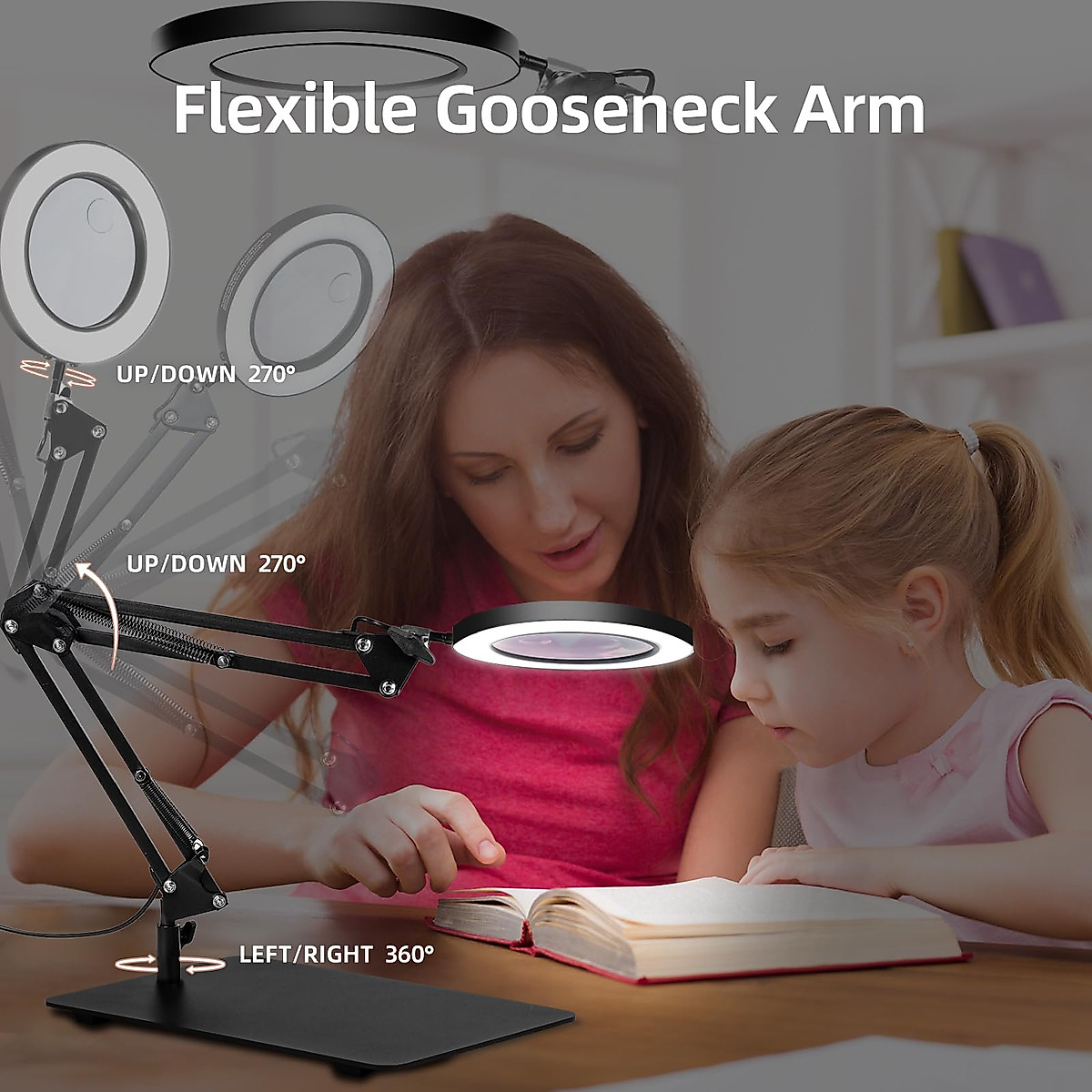 Magnifying Glass with Light, EOOKU 3-in-1 Magnifying Desk Lamp 5X & 10X Magnifying Glass with Light, Adjustable Swivel Gooseneck Arms & Heavy Duty Base Plate…