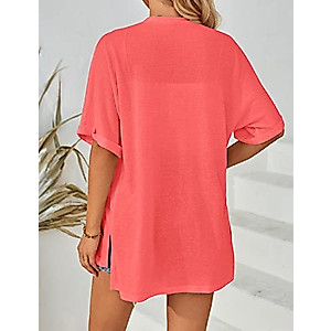 MEROKEETY Womens 2023 Summer Lightweight Cardigan Short Sleeve Open Front Casual Loose Cover Ups,Coral,XXL