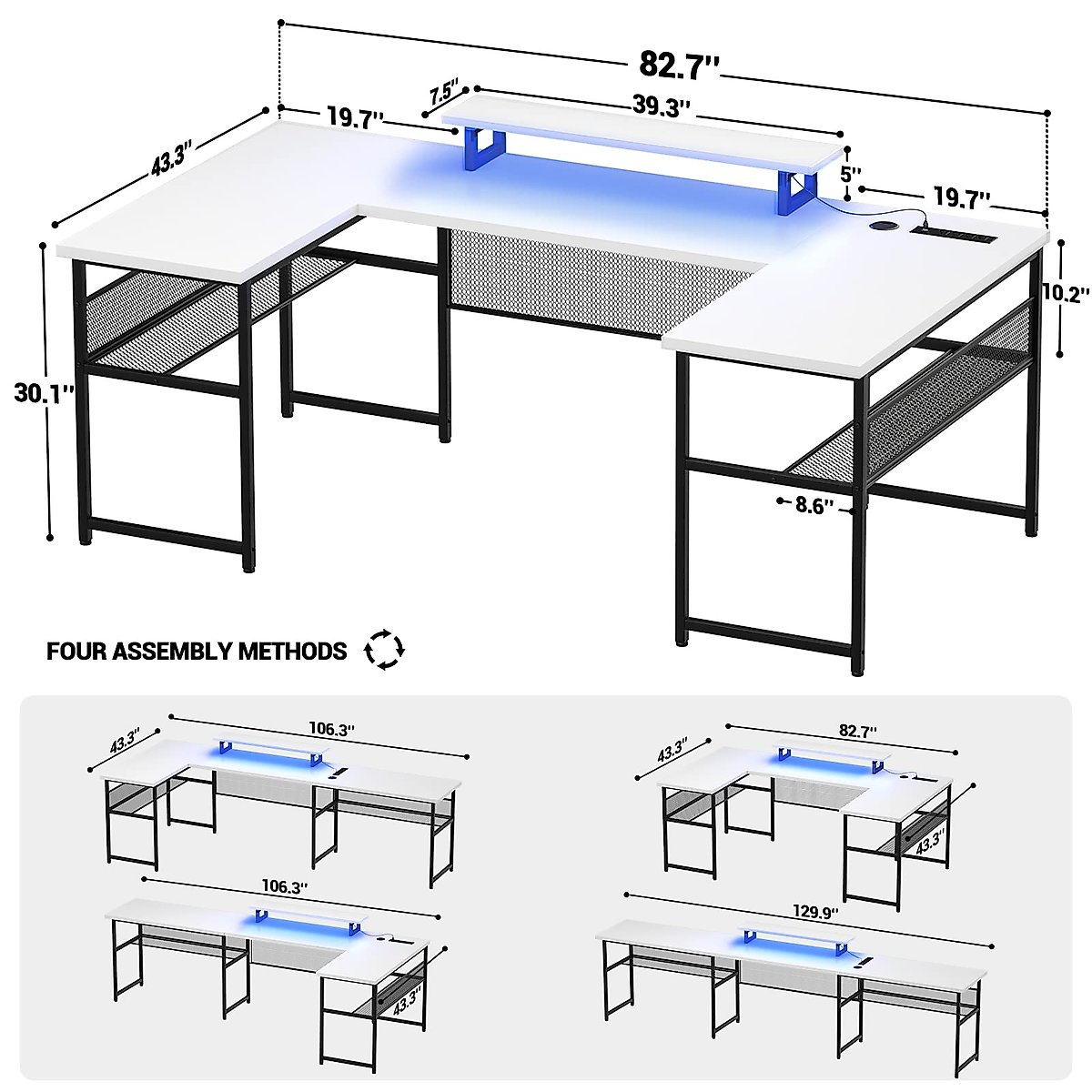 Unikito U Shaped Computer Desk with LED Strip and Power Outlets, Reversible Large Office Desk with Monitor Stand and Storage Shelves, 2 Person L Shaped Gaming Table, 83 Inch U Shape Corner Desk, White