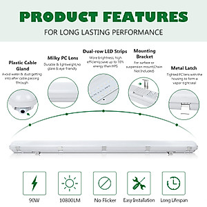 BRILLIHOOD 8FT LED Vapor Tight Light Fixture, 90W, 10800LM, IP65 Waterproof Shop Light, 6000K Bright White, Milky Lens, Outdoor Vapor Proof Lighting for Parking Garage Carport Car Wash, 2-Pack