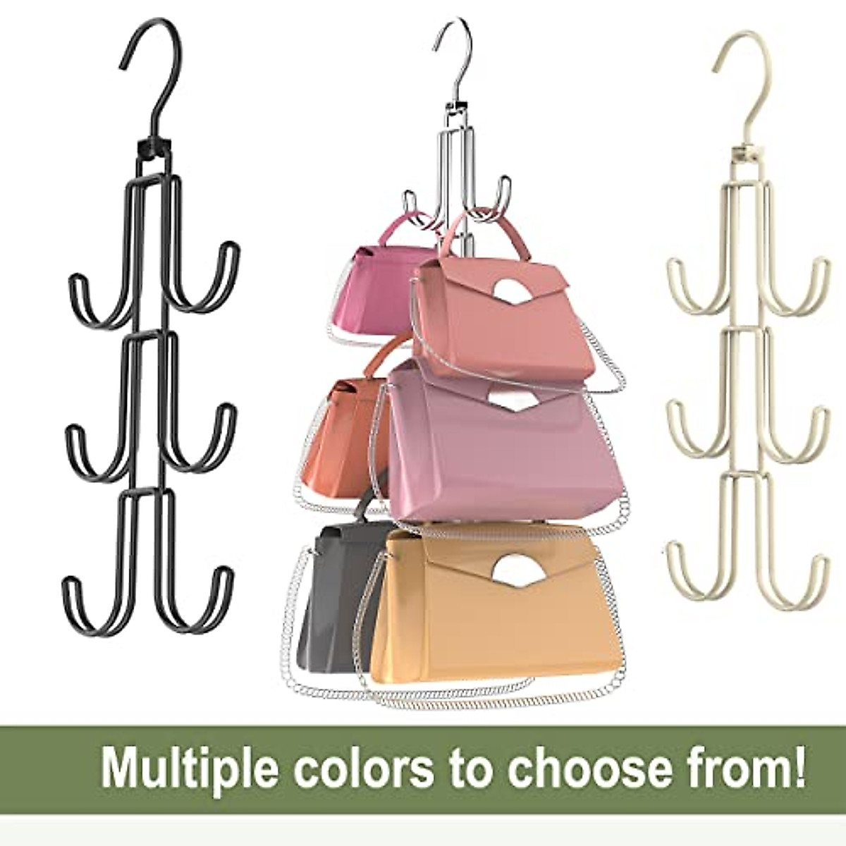 TOFIIGREM Rotatable Purse Handbag Hangers (3-Pack), Silver Metal Handbag Hooks Purse Organizer, Closet Hooks Space Saving for Bags Backpack Purses Handbags Tie Hats Belts