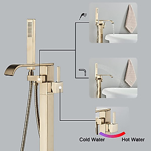 Freestanding Bathtub Faucet Brushed Gold Floor Mount Waterfall Tub Filler High Flow with Hand Shower Solid Brass 360 Degree Swivel Standing Mixer Taps for Bathroom