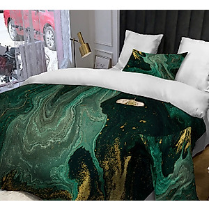 TOPTREE Green Marble Duvet Cover King - Soft Emerald Green Bedding Set with Gold Powder Print Pattern 3piece Forest Green Marble Bed Set for Women Adults (King, Agate Ripple)