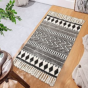 MitoVilla Black White Small Boho Bathroom Rug 2'x3', Vintage Kitchen Area Runner Rugs, Cream Tassel Boho Rug for Bedroom, Beige Farmhouse Geometric Throw Rug, Tribal Washable Bohemian Bath Mat