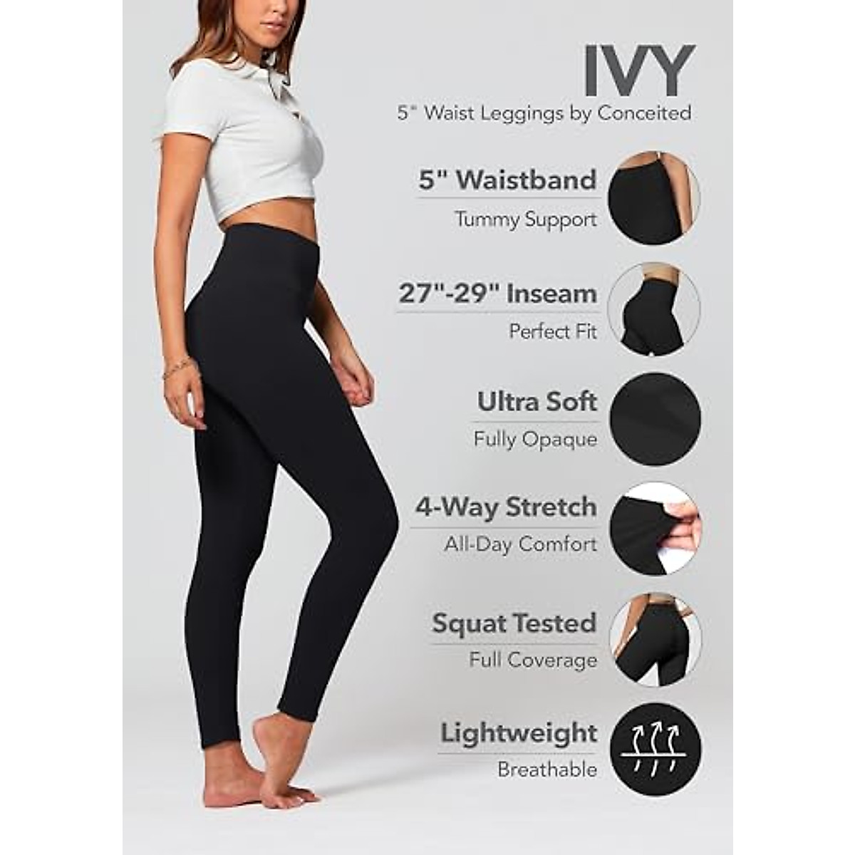 Conceited Leggings for Women - Tummy Control - 5" Waistband - Regular and Plus Size - Black - XX-Large - 3X-Large