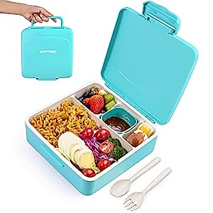 ECHTPower Bento Box, 1.3L Lunch Box with Handle Outer Box for Kids Children, Leak-Proof Lunch Containers with 4 Compartments, Extra Sauce Cup, Cutlery,Food-Safe Materials,Microwave and Dishwasher Safe