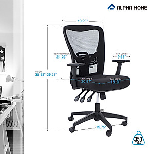 ALPHA HOME Office Chair Ergonomic Home Desk Chair Mid Back Mesh Computer Task Chair with Lumbar Support Executive Stool with Adjustable Armrest & Seat Cushion Rolling Swivel Desk Chair-Capacity 300LBS