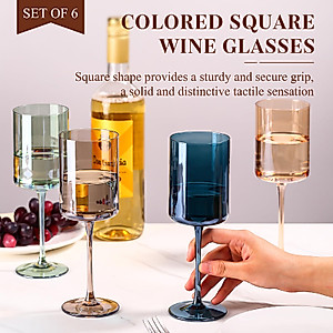 Colored Wine Glasses Set 6-14oz Multi Colored Square Wine Glasses with Tall Long Stems, Hand Blown Crystal Colorful Wine Glasses, Unique Wine Glasses for Christmas Thanksgiving